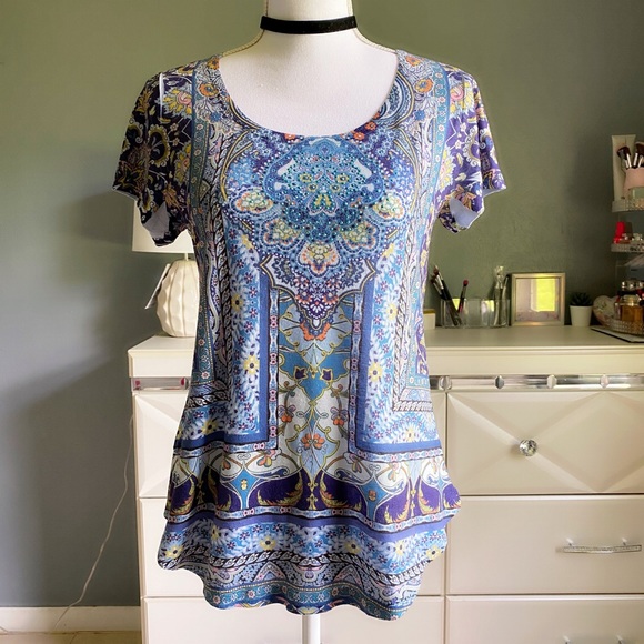 Tops | Blue Vintage Paisley Multi Print Top | Poshmark